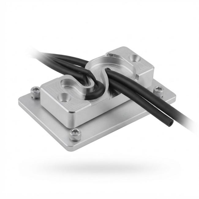 Custom CNC machined aluminum cable clamp installed on a mounting plate