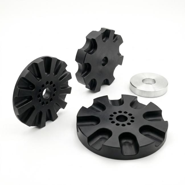 Custom CNC POM bottle indexing star wheels with machined bottle pockets and center mounting bores