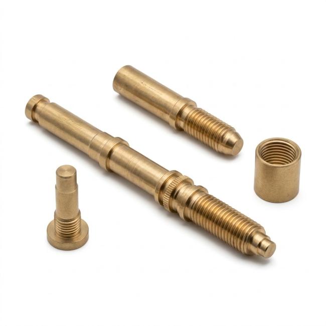 Custom CNC brass RF cavity filter tuning plungers with precision turned tips and threaded adjustment interfaces