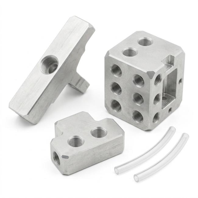 Custom CNC aluminum UAV pitot static pressure manifolds with separate pressure passages and precision threaded ports