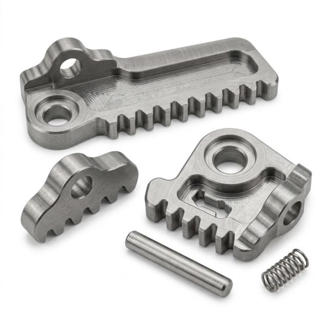 Custom CNC stainless steel surgical retractor ratchet pawls with precision pivot bores and locking teeth