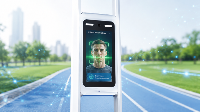 AI face recognition kiosk close-up with green face detection overlay and scanning light effect