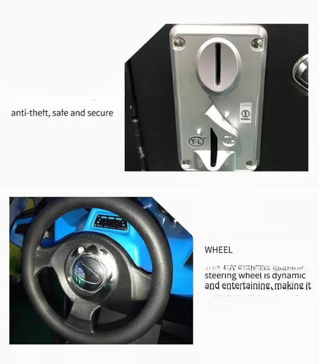 Close-up of racing game controls and steering wheel