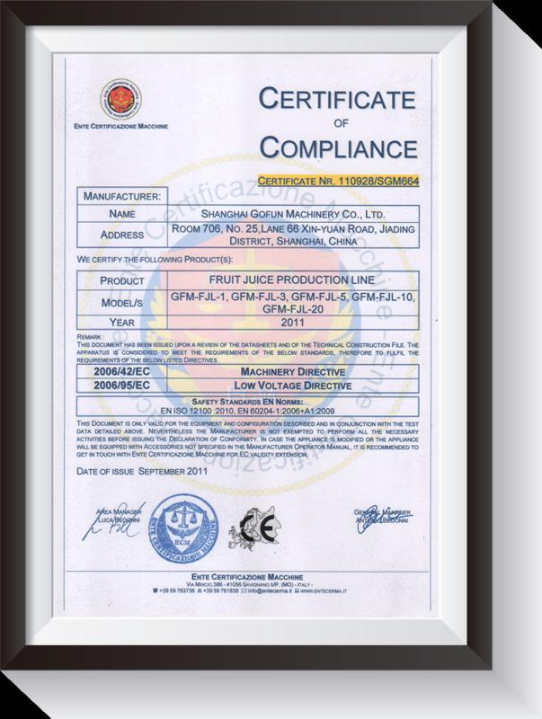 CERTIFICATE OF COMPLIANCE - Shanghai Gofun Machinery Co., Ltd.