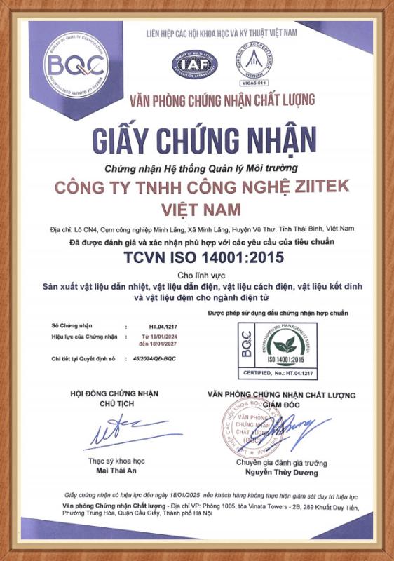 TCVN ISO 14001:2015-Vietnam Ziitek - Dongguan Ziitek Electronical Material and Technology Ltd.