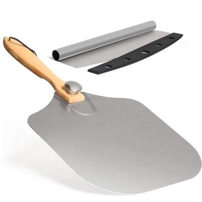 Cina 12*14 pollici forno pizza squadrato buccia manico di legno di alluminio pala da pizza con 14 pollici di acciaio inossidabile set taglia in vendita