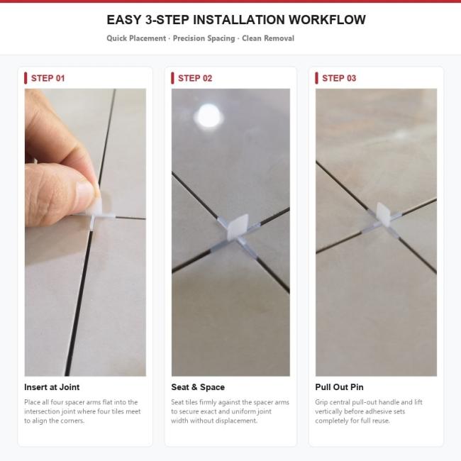 Tile cross spacer installation in three steps: insert at joint, seat and space, pull out pin