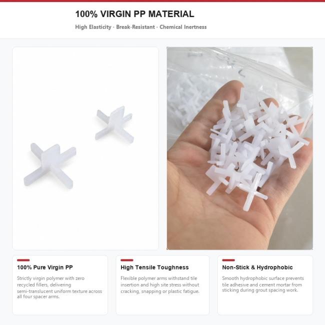 Tile cross spacer material: 100% virgin polypropylene, high tensile toughness, non-stick hydrophobic surface and semi-translucent white finish