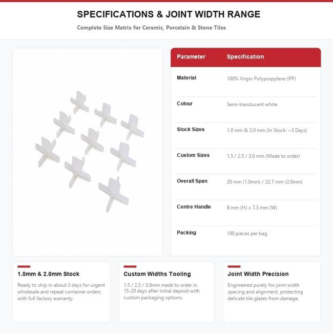 Tile cross spacer specifications and joint width range: 1 mm to 3 mm, 1 mm and 2 mm in stock, 20 mm and 22.7 mm overall span, 100 pieces per bag