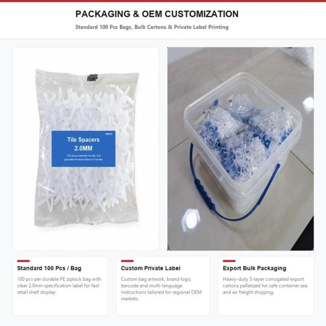 Tile cross spacer packaging and supply chain: 100 pcs per bag, export corrugated cartons and wholesale terms with free samples and 1-year warranty