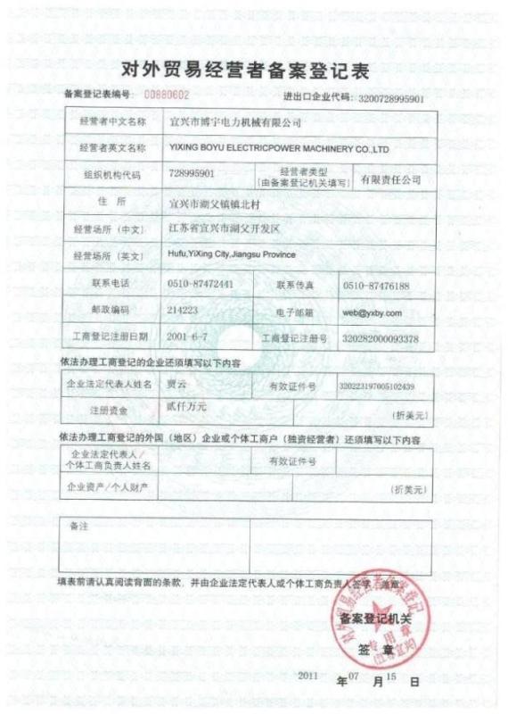 Foreign Trade Certificate - Yixing Boyu Electric Power Machinery Co.,LTD