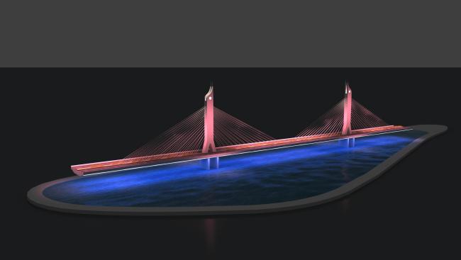 Architectural scale model of cable-stayed bridge with LED lighting