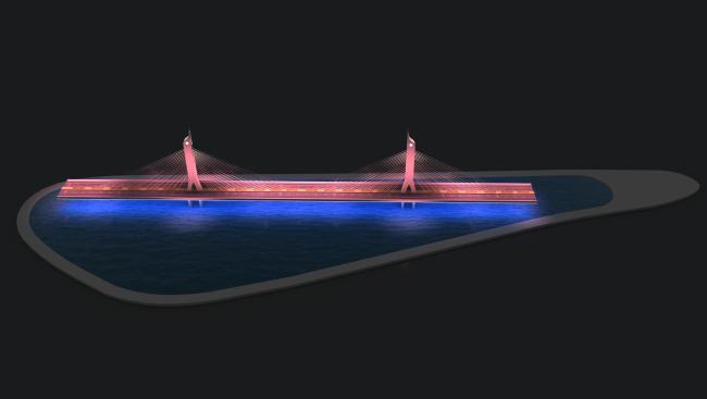 Close-up view of bridge model showing detailed construction