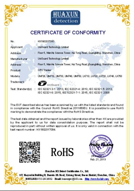 RoHs for mini gps tracker UM720 - Uniguard Technology Limited