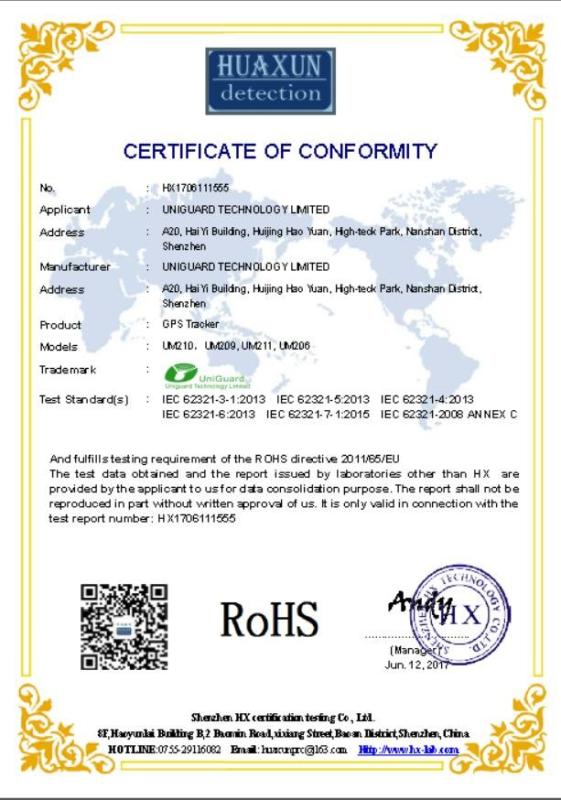 RoHs for mini gps tracker UM210 - Uniguard Technology Limited