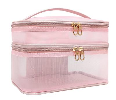 China Bolsa de cosméticos personalizada de malha de nylon de luxo camada dupla Aceitar logotipo personalizado à venda