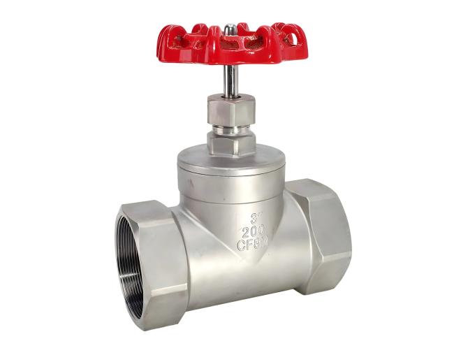 Globe valve — threaded ends, red handwheel, throttling duty