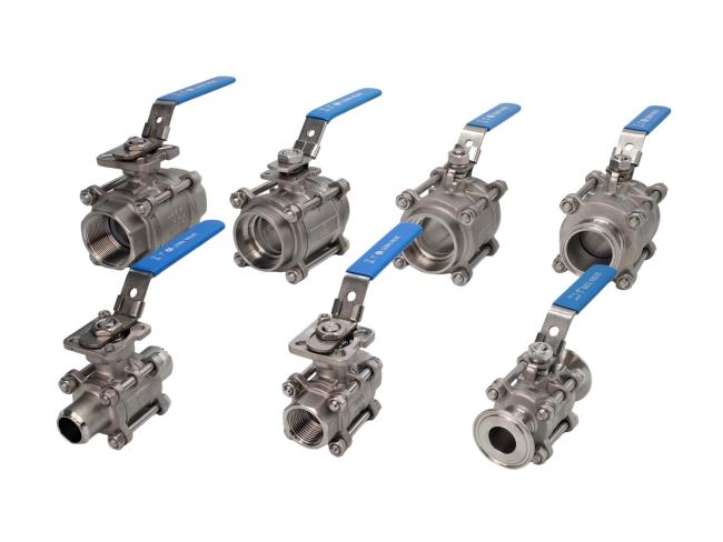 Three-piece threaded ball valves across the size range, blue lever handles