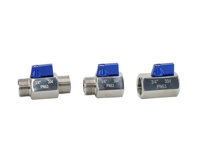 Mini ball valves, 1/8" to 1/2", blue butterfly lever handle