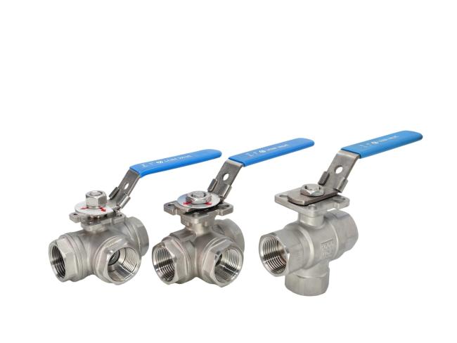 Three-way ball valves — three-port bodies, blue lever handles