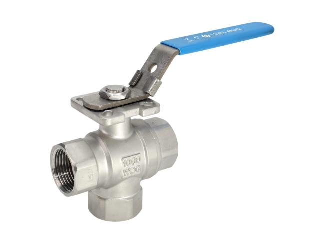 Three-way ball valve, L-port / T-port body, threaded ports, 1/4" to 2"