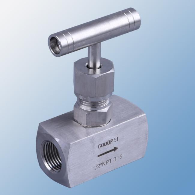 Needle valve, 6000 PSI stainless body with T-bar handle, on the blue LEINA studio background