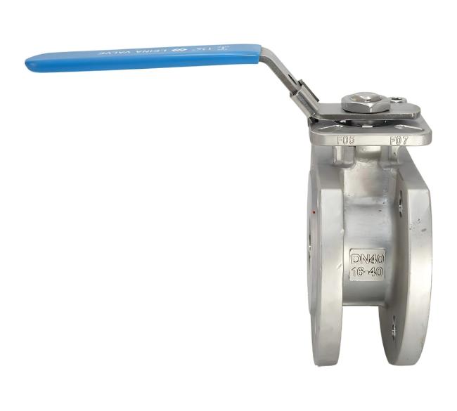 ANSI wafer ball valve, studio three-quarter view showing the ISO 5211 mounting pad