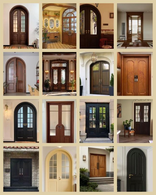 French style black arched grid glass door with solid wood frame for villa entrance