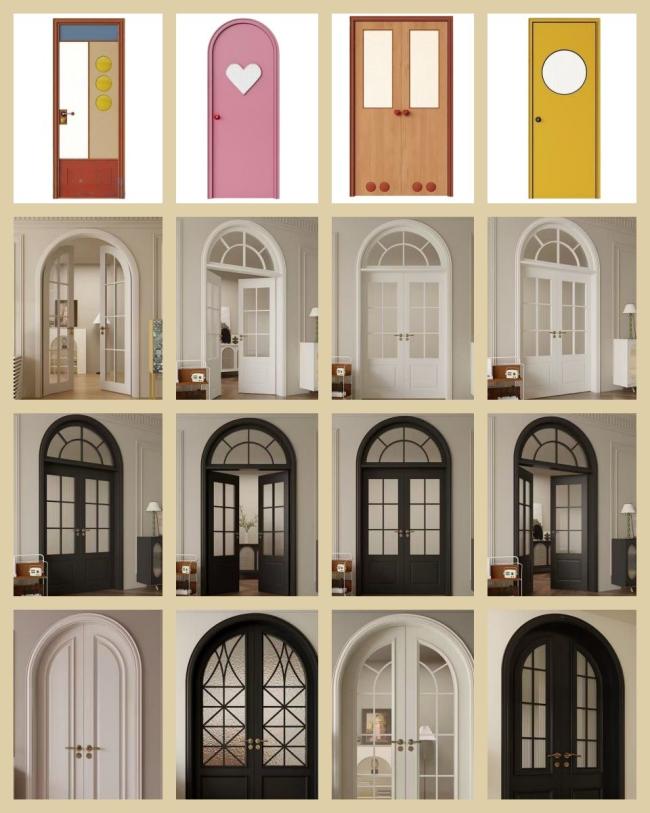 Custom arched glass door with grid pattern and wooden frame detail
