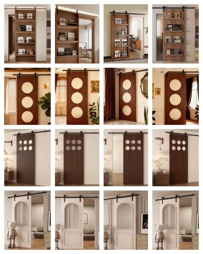 Modern aluminum alloy barn interior door set with sliding track installed in a living room