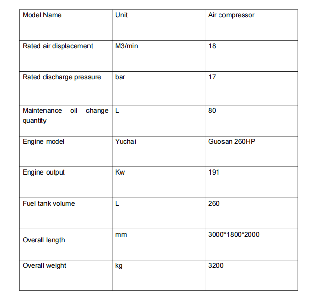 Diesel air compressor technical specifications diagram showing components and measurements