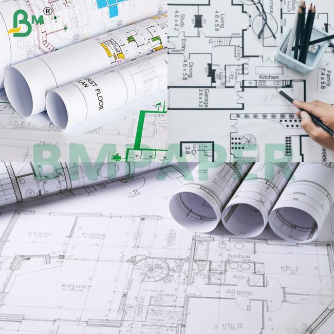 80gsm CAD plotter paper rolls for large format inkjet printing, showing white paper rolls on a production line