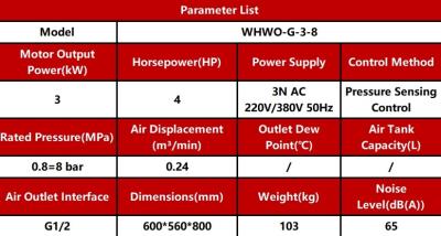 China Rendimiento Elf Compresor de aire de desplazamiento libre de aceite de frecuencia de potencia Tipo de correa Compresor de unidad única WHWO-G-3-8 en venta