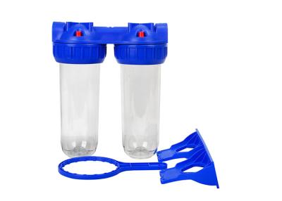 China 10'' Atlas style clear duo water filter housing with 1'' brass inlet/outlet port for sale