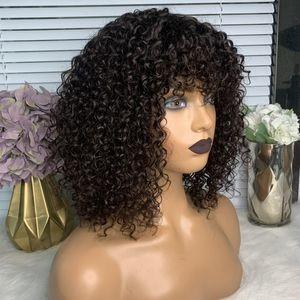 China Peruvian Malaysian Kinky Curly Human Hair Wigs with Bangs Short Bob Wig for sale