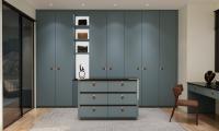 Quality Blue Grey Custom Walk In Closet With Multi Drawer Island And Black Mirrored Vanity for sale
