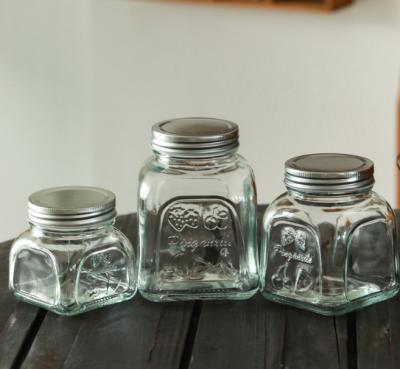 중국 Bulk Empty 8oz 16oz 26oz Carved Logo Square Glass Mason Jar With Gold Screw Lid 판매용