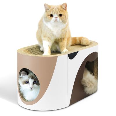 China Double Layer Cat Scratching Board Nest Corrugated Paper Curved Top Double Cat Hole Design Cat's Body Curve for sale