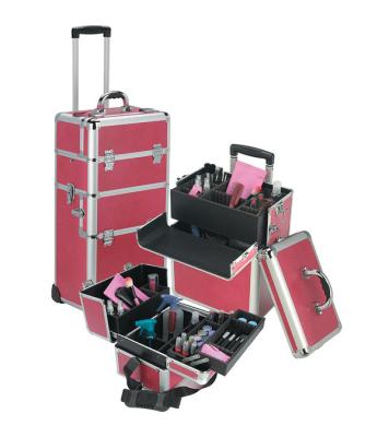 China Caso portátil femenino del organizador del maquillaje del rosa de la carretilla de la belleza con las bandejas en venta