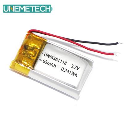 Cina 3.7V 65mAh 561118 Batteria polimerica di litio ricaricabile e personalizzabile per auricolari in vendita