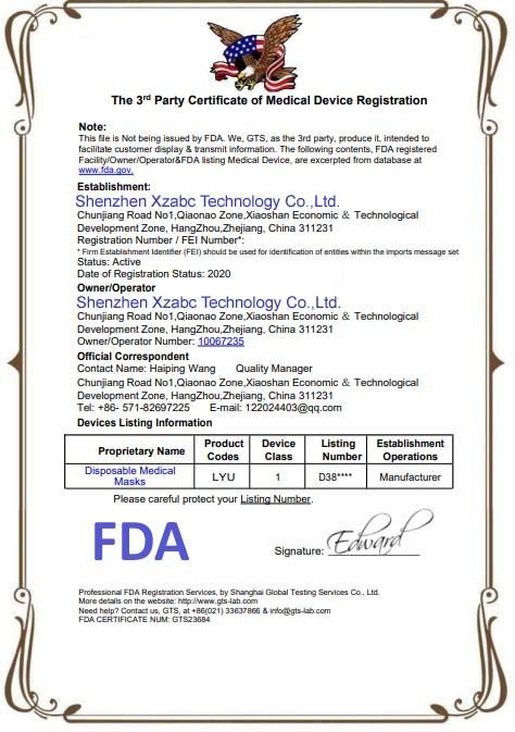 FDA Certificate - Shenzhen Xzabc Technology Co.,Ltd.