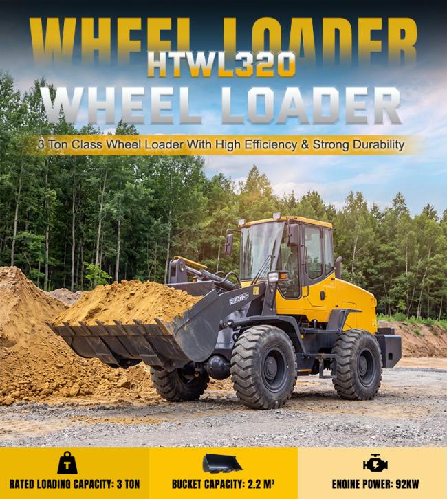 HTWL320 wheeled loader front three-quarter view on a work site