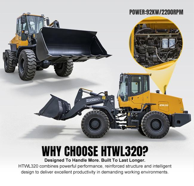 HTWL320 wheeled loader side profile showing compact chassis and wheels