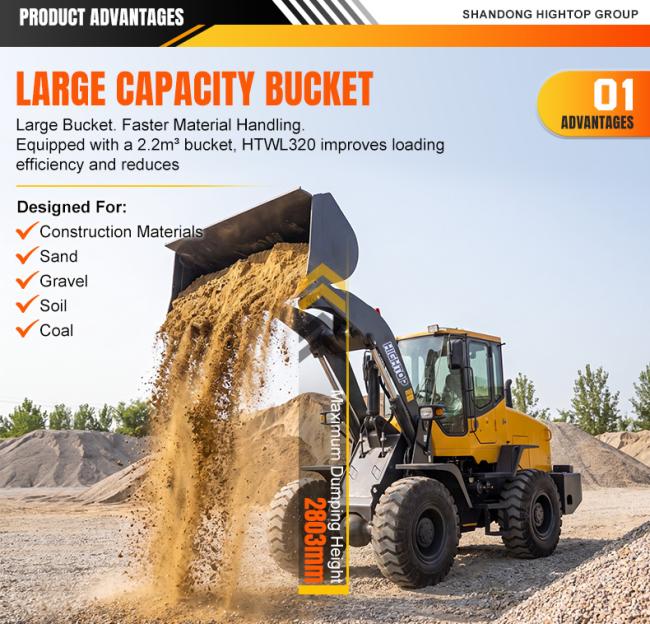 Close-up of HTWL320 loader hydraulic lift arm and bucket linkage