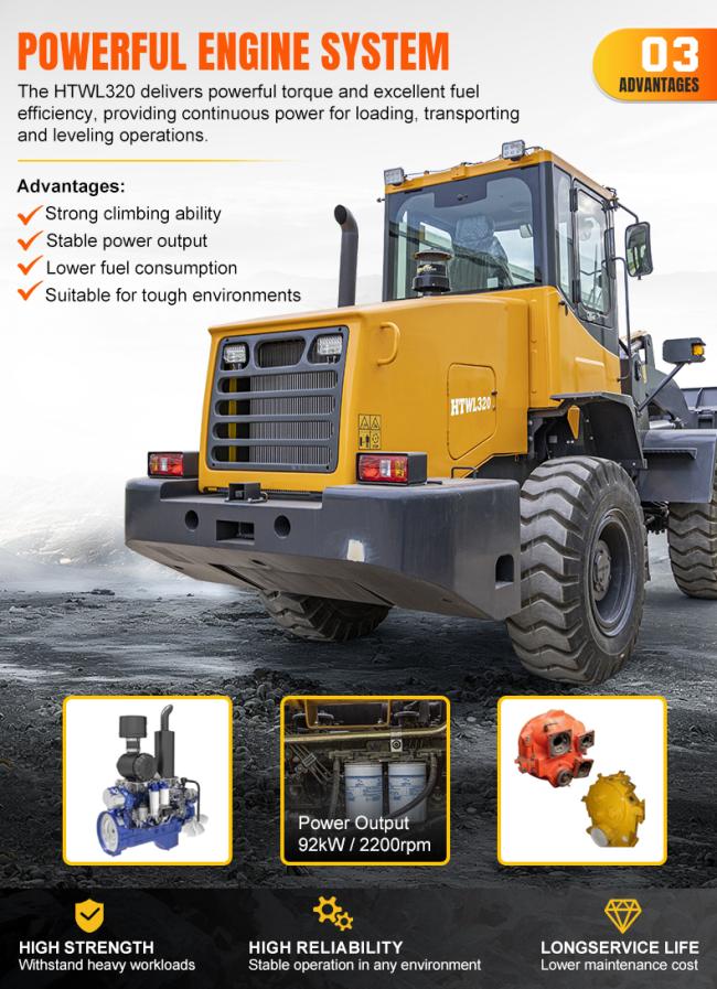 HTWL320 wheeled loader rear view with engine compartment