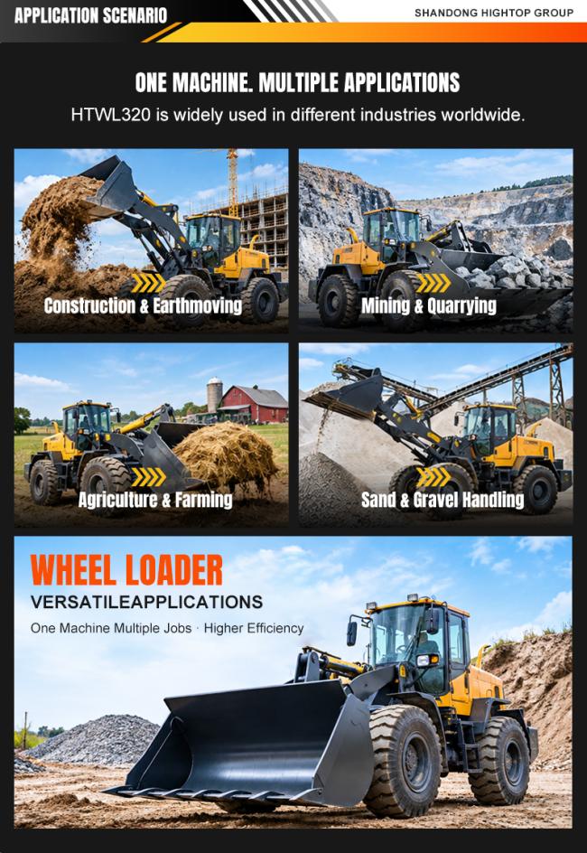 HTWL320 wheeled loader maneuvering in a narrow garden area