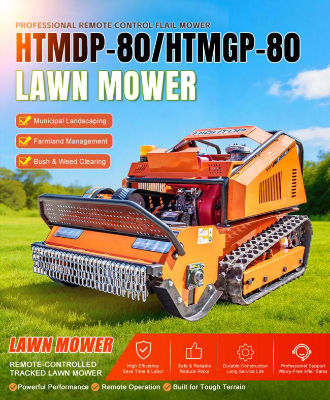 HTMGP-80 remote-controlled tracked lawn mower, front three-quarter view