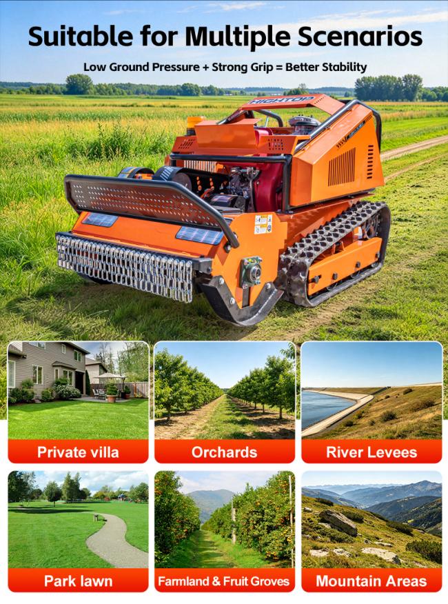 HTMGP-80 lawn mower operating on sloped terrain