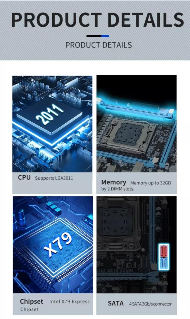 Full overview of X79 motherboard with all components visible