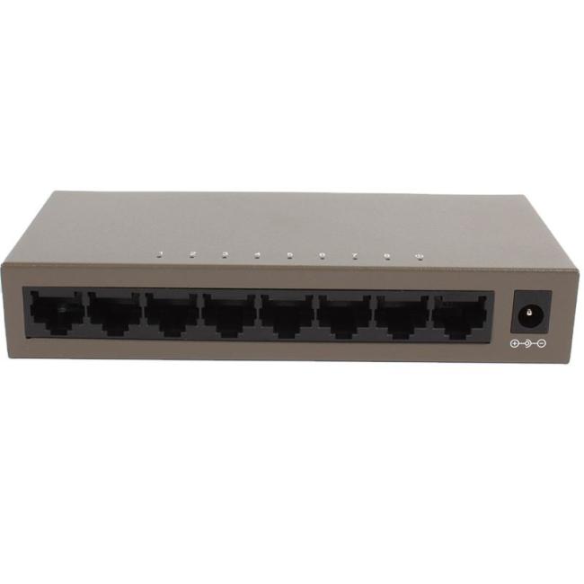 Close-up of TEG1008M network switch ports and connection lights